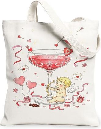 Generic Sacs fourre-tout en toile pour la Saint-Valentin, motif coeur romantique, r&eacute;utilisables, l&eacute;gers et lavables, blanc, 13x15 Inch