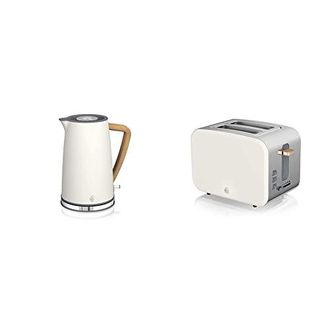 SWAN Nordic Bouilloire &eacute;lectrique ultra rapide sans fil Design moderne 1,7 l 2200 W Blanc & Nordic Grille-pain &agrave; fente large 2 tranches, 3 fonctions, 6 niv