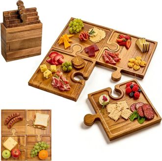 Generic Puzzle Charcuterie Board,Wood Puzzle Cutting Board with Handle,Interlocking Cheese Nuts Snacks & Appetizer Serving Tray,Party Supplies Home Table Deco