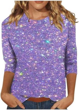 Generic T-shirt imprim&eacute; &agrave; manches 3/4 pour femme - Coupe ample - Col rond - L&eacute;ger - Doux et confortable - &Agrave; porter au quotidien, violet, 3XL