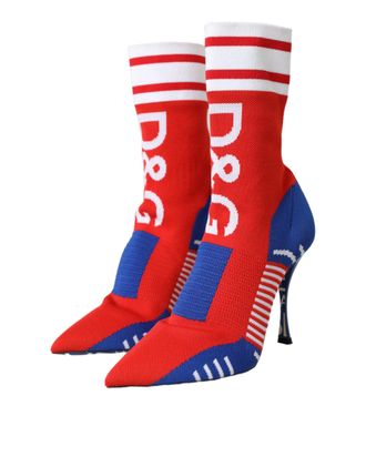 Dolce & Gabbana Womens Red Blue Stretch Sock Style Ankle Boots Logo Shoes Polyester Leather