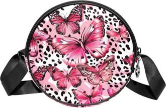 Generic Petit sac &agrave; bandouli&egrave;re rond pour femme, motif l&eacute;opard et papillon, avec fermeture &eacute;clair, bretelles r&eacute;glables, style d&eacute;contract&eacute;, pour femmes et fill