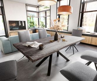 DELIFE Esstisch Edge 200x100 XL Akazie Platin Kreuzgestell Rechteck Schwarz Live-Edge, Esstische, Baumkantenm&ouml;bel, Massivholzm&ouml;bel, Massivholz