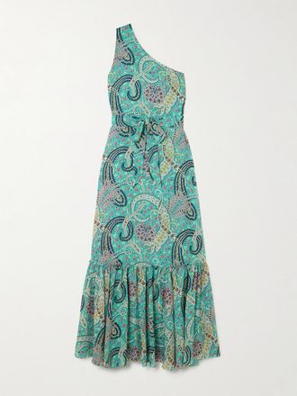 Etro Asymmetrisches Maxikleid Aus Glänzendem Satin Mit Bedrucktem Jacquard-muster Und Bindegürtel - Blau