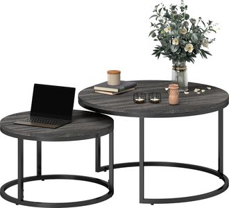 HOMCOM Couchtisch rund 2er Set Wohnzimmertisch Beistelltisch mit Metallrahmen, Satztisch mit Marmoroptik Kaffeetisch f&uuml;r Wohnzimmer, Schlafzimmer, Balkon Sch