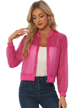 Allegra K Damen Sommer Jacke Langarm Rei&szlig;verschluss Durchsichtige Transparente Leichte Bomberjacke Rosenrot XL