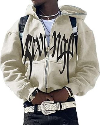 ORANDESIGNE Sweat &agrave; Capuche Homme Sweat-Shirt avec Fermeture &Eacute;clair Ample Imprim&eacute; Lettres Manche Longue Hip Hop Streetwear Zipp&eacute;e Veste &agrave; Capuche E-Girl Ann&eacute;es 90