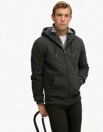 Superdry Sweat &agrave; capuche zipp&eacute; avec doublure en imitation peau de mouton - Noir d&eacute;lav&eacute;-Gris