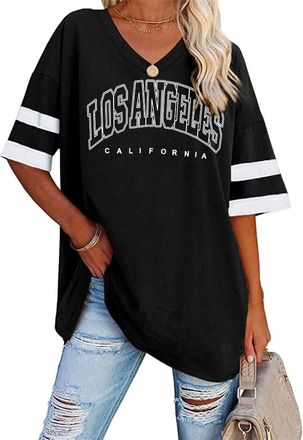 TOMWELL Damen Los Angeles Tshirt mit V-Ausschnitt Kurzarm Sport T-Shirt Sommer Rundhals Oversized Oberteile Lose Tunika Lang f&uuml;r Teen Girls B Schwarz XXL