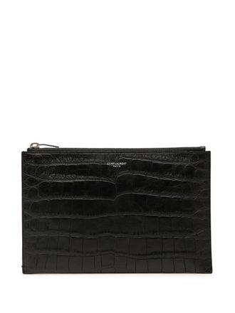 Saint Laurent 2016 Tablet Holder Clutch aus Leder mit Kroko-Pr&auml;gung und Rei&szlig;verschluss - Schwarz