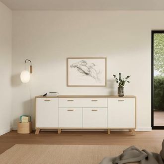 Dmora Kommode Claribel, Wohnzimmerbuffet, Wohnzimmer-Sideboard, Moderne K&uuml;chen-Speisekammer, 196x39 h73 cm, Eiche und Wei&szlig;
