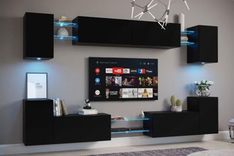 Furnitech Wohnwand Wohnzimmer | M&ouml;bel mit LED RGB - 16 Farben | H&auml;ngend Modern | Schrankwand mit Regale und TV Schrank (Nairobi D40-M-B17 MATT)