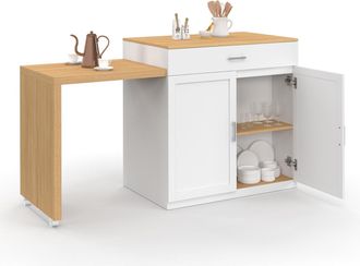IDMarket Mittelinsel VITO 94-155 cm wei&szlig;es Holz mit integriertem ausziehbarem Esstisch in Buchenholzoptik