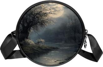 Generic Tranquil Lake Petit sac &agrave; bandouli&egrave;re rond d&eacute;contract&eacute; avec fermeture &eacute;clair et bretelles r&eacute;glables pour femme et fille