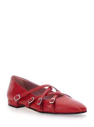 Carel Womens Eloise Red Ballet Shoes With Adjustable Straps Leather Ballerina