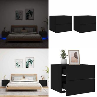 vidaXL Tables de chevet murales avec lumi&egrave;res led 2 pcs noir - Tablette De Nuit Murale - Meuble Suspendu - &Eacute;clairage Led - Rangement Mural - D&eacute;coration