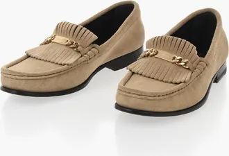 Celine Suede Moccasins with Fringe and Gold-Effect Logo Celine