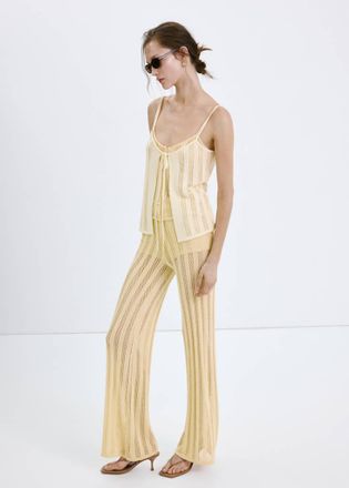 Mango Pantalon en maille ajour&eacute;e coupe wide leg jaune pastel - Femme - S - MANGO