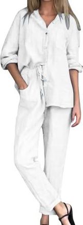 Generico Ensemble femme dété longue combinaison en lin et coton deux pièces couleur unie blouse + pantalon avec cordon de serrage baggy set grande taille doux 