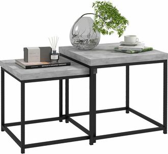 HOMCOM Homcom - Lot de 2 tables basses gigognes carr&eacute;es style contemporain - acier noir panneaux aspect b&eacute;ton cir&eacute;