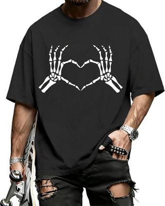 Generic Chemise de Saint-Valentin pour homme - Main squelette coeur mode gothique Saint-Valentin T-shirt en coton tendance coupe ample quotidienne, Noir, L