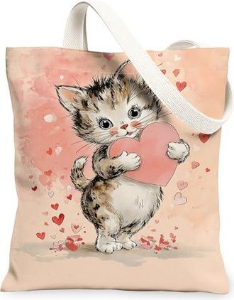 Generic Sacs fourre-tout en toile avec motif chat mignon, adorable motif coeur, sacs d&eacute;picerie r&eacute;utilisables, pour la Saint-Valentin, l&eacute;gers et lavables, p&ecirc;ch