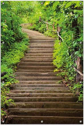 Wallario Outdoor-Poster f&uuml;r Garten oder Balkon Steintreppe im Wald, Motivbanner Gr&ouml;&szlig;e: ca. 100 x 150 cm, Outdoor-Bild
