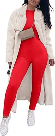 Onsoyours Femmes &agrave; Manches Longues Col Rond Fermeture &eacute;clair Moulante serr&eacute;e Pleine Longueur Combinaisons Barboteuses Une pi&egrave;ce Tenues D&eacute;t&eacute; Chic Slim A Rouge XL