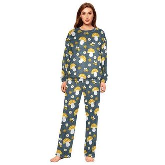 Alaza Ensemble de pyjama en polaire pour femme, motif chat de dessin animé, fleur et coeur, vêtements de détente à manches longues, vêtements de nuit deux p