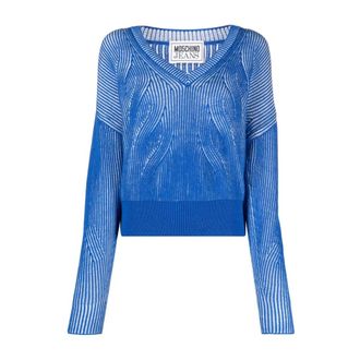Moschino Femme, Pulls, Bleu, Taille: 36 FR Maglione Bicolor Scollo a V