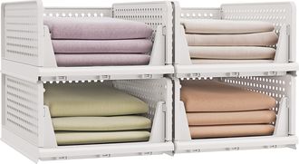 Songmics Schrank-Organizer klappbar, Kleiderschrank-Organizer stapelbar, ausziehbarer Korb 4er Set, Aufbewahrung und Organisation, Kunststoff, Schlafzimmer, B&uuml;