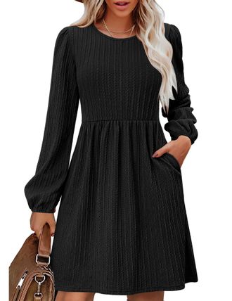 Zeagoo Kleider f&uuml;r Damen Langarm Strickkleid Herbst A-Linie Freizeitkleid Rundhalsausschnitt Pullikleid Winterkleider Schwarz M