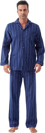 Global Herren Schlafanz&uuml;ge Flanell Herren Pyjama Set Baumwolle Langarm-Pullover Oberteil und elastische Unterteile mit Kordelzug Weich Bequem Blau XXL