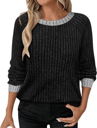 Generic Pull en tricot à manches longues pour femme - Col rond - Bloc de couleurs - Pull ample - Élégant - Pull côtelé - T-shirt à manches longues - Confortab
