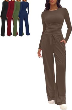 Generic Ensemble d&eacute;contract&eacute; pour femme T-shirt fronc&eacute; et pantalon &agrave; cordon de serrage, m, XXL