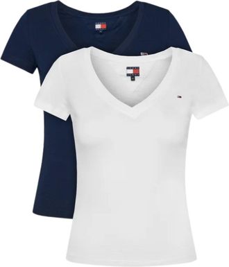 Tommy Jeans Damen 2er Pack T-Shirts Kurzarm mit V-Ausschnitt, Mehrfarbig (Ecru/Dark Night Navy), XXS