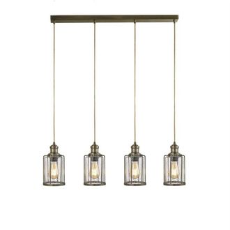 Searchlight Searchlight - Suspension barre 4 lumi&egrave;res pipes, Laiton antique avec verre gouttelette