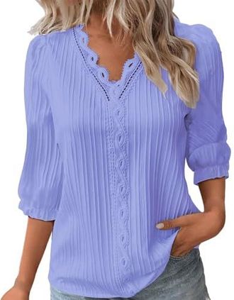 Generic Haut dété pour femme avec dentelle et col en V - Manches 3/4 - Couleur unie - Grande taille - Confortable - Coupe classique - Doux - 1, BU3., XXL