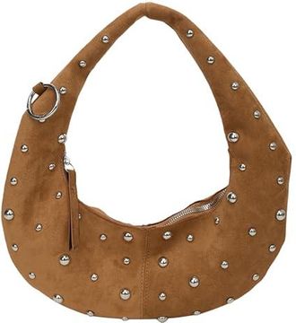 Generic Sac &agrave; bandouli&egrave;re en daim synth&eacute;tique clout&eacute; avec fermeture &eacute;clair et rivets demi-lune pour l&eacute;cole, le travail, un usage quotidien, marron, 12.99x0.79