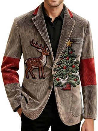 Generic Blazer de Noël pour homme, veste en velours côtelé pour homme, blazer de Noël moche pour homme, costume festif, coupe ajustée, veste de costume fantai