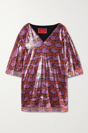 La DoubleJ Minikleid Aus Bedrucktem T&uuml;ll Mit Pailletten - Pink