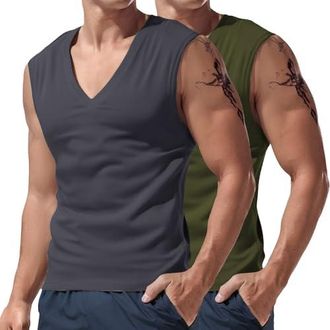 Generic Lot de 2 maillots de corps pour homme - Col en V - Couleur unie - Sans manches - D&eacute;contract&eacute; - D&eacute;bardeur de course - Coupe ajust&eacute;e - Respirant - Gilet