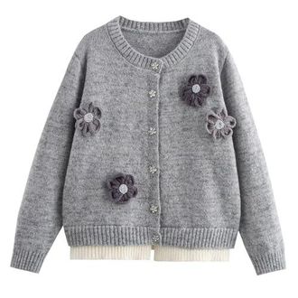 Generic Cardigan d&eacute;contract&eacute; &agrave; manches longues pour femme, coupe d&eacute;contract&eacute;e, &agrave; motif floral, printemps et automne 2025, manteau boutonn&eacute; &agrave; col rond, gris, t