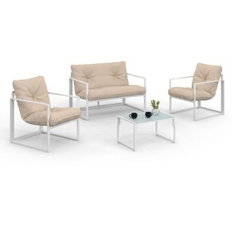 IDMarket Salon de jardin bas NAIROBI 4 places en acier blanc et coussins beige