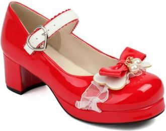 Generic Femmes Lolita Escarpins De Mariée Doux Bas Bloc Talon Chaussures De Mariage Pearl Bow Kawaii Cosplay Chaussures,Rouge,44 EU