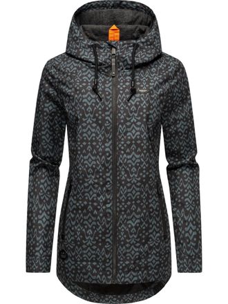 Ragwear leichte Damen Übergangsjacke lang Parka wasserdicht mit coolem Allover-Print und großer Kapuze Zuzka Ikat Black Gr. L