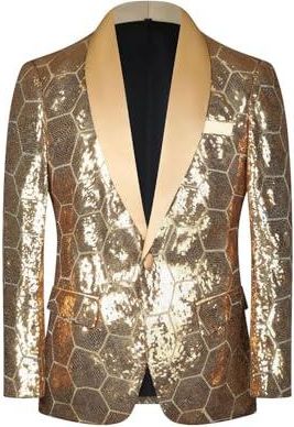 Generico Veste &agrave; paillettes pour homme - Blazer &agrave; paillettes - Or - Coupe ajust&eacute;e - Costume de carnaval - Un bouton - Veste daffaires - Veste de costume - Cost