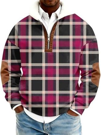 Generic Pull dext&eacute;rieur &agrave; carreaux pour homme, sweat polaire &agrave; fermeture &eacute;clair quart pour v&ecirc;tements de sport, v&ecirc;tements de travail, v&ecirc;tements de printemps, t