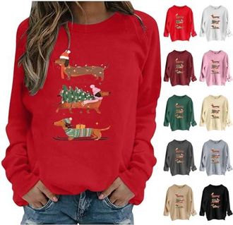Generic HUIFUAO Sweat-Shirt de No&euml;l Amusant pour Femme Motif Teckel et Sapin de No&euml;l surdimensionn&eacute; &agrave; Manches Longues Pull Fantaisie V&ecirc;tements de Vacances Cad