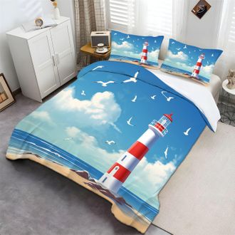 Generic Roter Leuchtturm Bettwäsche Farbe Moderne Bedruckte Bettbezüge mit Reißverschluss und 80x80cm Kissenbezug 135 x 200 cm für Kinder, Jungen Teenager Spo